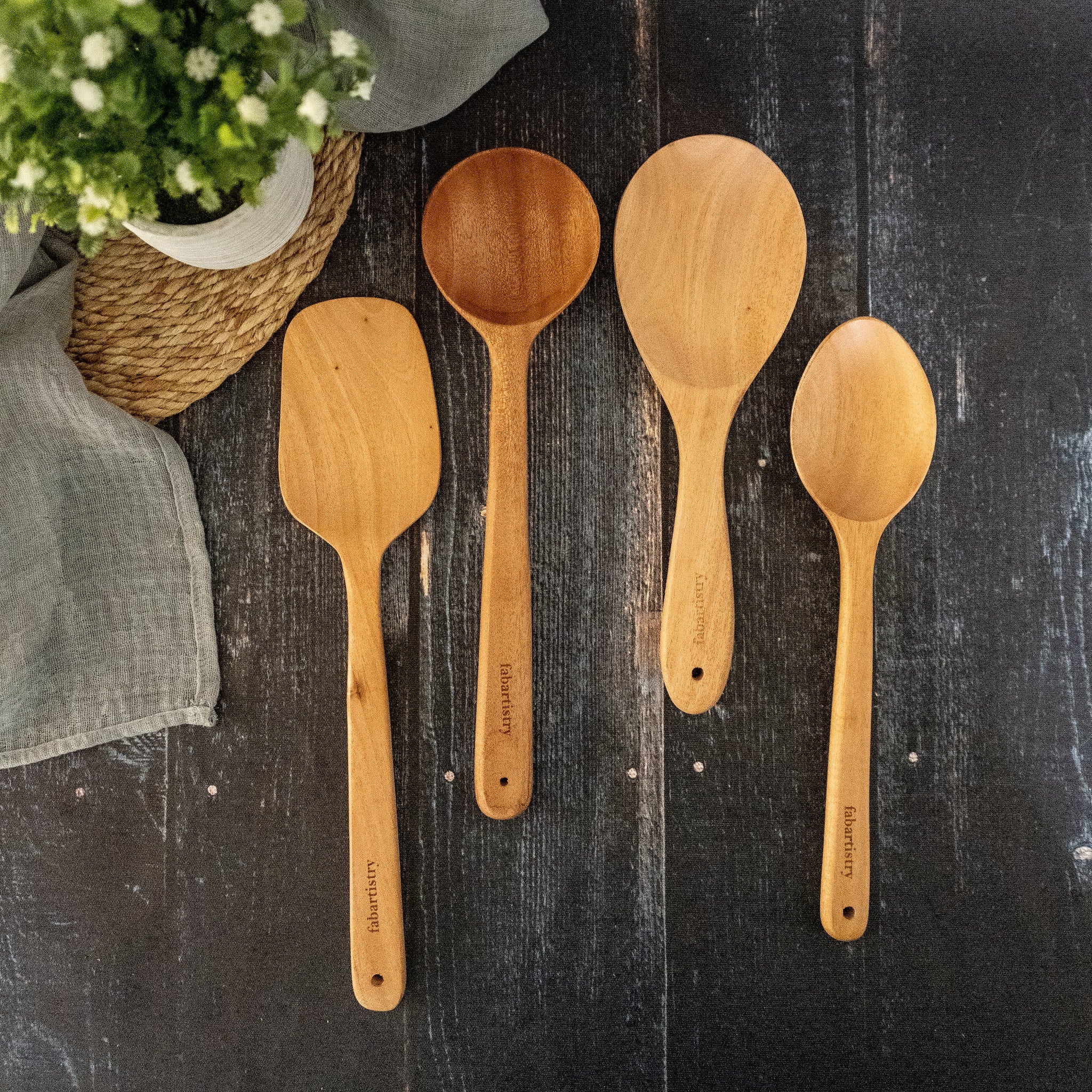 Pure Neem Wood Kitchen Ladles Set of 4(Rice, Curry, Vegetables and Flip ...
